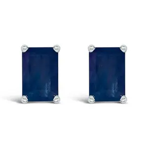 HAUS OF BRILLIANCE 14k Gold Emerald Cut Gemstone Stud Earrings - Blue Sapphire | White